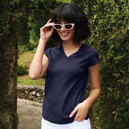 LANDS' END Supima-Shirt mit V-Ausschnitt und Kapp&auml;rmeln f&uuml;r Damen, Damen, size: regular, Blau, Baumwolle, by Lands' End