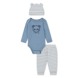 M&auml;dchen Strampler, J&auml;ckchen & M&uuml;tze "HUGB BODYSUIT PANT SET + ATTAC", blau, Gr. 2, HUGGIES BABYWEAR, gestreift, unifarben, Jersey, Obermaterial: 100%