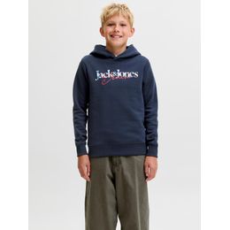 Jack & Jones Kinder Kapuzensweatshirt "JJTOM SWEAT HOOD SN JNR", blau, Gr. 140, JACK & JONES JUNIOR, bedruckt, angeraute Sweatware, Obermaterial: 60% Baumwolle,