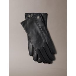 Calvin Klein Damen Lederhandschuhe "METAL CK LEATHER GLOVES", schwarz, Gr. M, unifarben, Schafsleder, Handschuhe, aus Schaf-Nappaleder