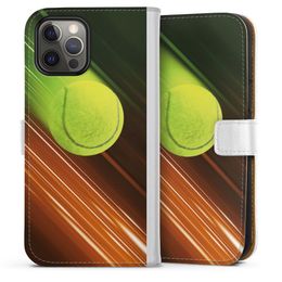 DeinDesign iPhone 12 Pro Max Handy Klapph&uuml;lle Handyh&uuml;lle aus Kunst Leder wei&szlig; Flip Case Ball Tennis Hobby Sideflip mit Lasche