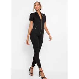 bonprix Overall, schwarz, Gr.36, Stylischer Overall mit Rei&szlig;verschlussdetails, 56% Baumwolle
