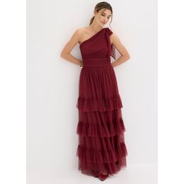 bonprix Abendkleid, rot, Gr.52, Feminines Maxikleid aus zartem T&uuml;ll mit One-Shoulder-Ausschnitt und Schleifen-Detail an der Schulter sowie Volants am Rock