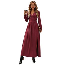 KoJooin Dress 'Damen Langarm Kleid mit V-Ausschnitt Einfarbiges Kleid mit Spitzen-Details und Seitenschlitzen' female size 38 Wine red