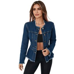 Kojooin &Uuml;bergangsjacke 'Damen Jeansjacke mit Peplum-Saum Kragenloser Rundhalsausschnitt, Knopfleiste und Kurzschnitt' Damen Gr&ouml;&szlig;e L dunkelblau 