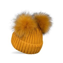 styleBREAKER M&uuml;tze 'Kinder Bommelm&uuml;tze mit zwei Bommel' M&auml;dchen Gr&ouml;&szlig;e 48/54 curry