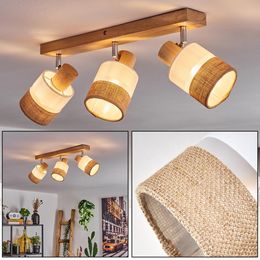 hofstein Boho Holzstab-Deckenleuchte Fallhagen mit Holzbalken und 3 naturfarbenen Schirmen Stoffbezug in Wei&szlig;, E14, schwenkbare Leuchtenk&ouml;pfe aus Metall