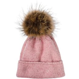 styleBREAKER M&uuml;tze 'Strick Bommelm&uuml;tze Einfarbig Pailletten' Damen Gr&ouml;&szlig;e 56/58 altrosa