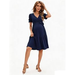 KoJooin Dress 'Damen Kleid Umstand V-Ausschnitt Wickel Puff&auml;rmel Bindeg&uuml;rtel R&uuml;schen Schwangerschaft' female size 36 Navy