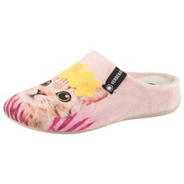 VERBENAS Damen Pantoffel "York Animal Pelo", Gr. 42, rosa, Textil, Schuhe, Hausschuh, Clog, Homeslipper mit s&uuml;&szlig;em Katzenmotiv