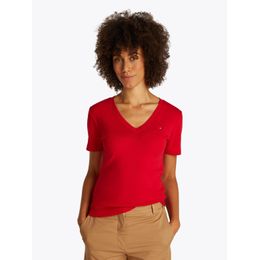 Tommy Hilfiger Damen T-Shirt "SLIM CODY V-NECK SHORT SLEEVE", rot, Gr. L, unifarben, Jersey, Obermaterial: 100% Baumwolle, Shirts, aus Baumwolle,