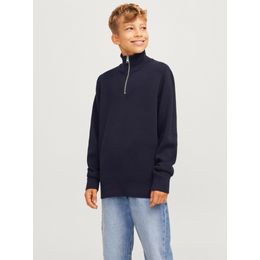 Jack & Jones Kinder Troyer "JPRBLAMILANO STITCH KNIT HALF ZIP JNR", blau, Gr. 128, JACK & JONES JUNIOR, unifarben, Strick, Obermaterial: 100% Baumwolle, Pullover,