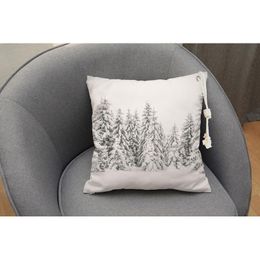 queence Dekokissen &raquo;Schneelandschaft mit Tannen&laquo; Outdoor-Kissen mit &Ouml;se und dicker Stoffkordel wei&szlig; Baumwolle, Polyester B/L: 40cm x 40cm, 1 Stk.