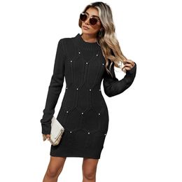 KoJooin Knitted dress 'Damen-Strickkleid mit Perlenverzierung, langen &Auml;rmeln und figurbetontem Schnitt' female size L Black