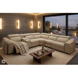 Riess Ambiente Multifunktionales Ecksofa PRIME 300cm beige Kunstleder Relaxfunktion Getr&auml;nkehalter Riess-Ambiente L-Form Wohnzimmer Industrie & Loft Modern