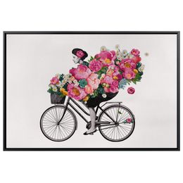 Leinwandbild Illustration Frau auf Fahrrad Collage bunte Blumen