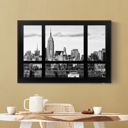 Akustik-Wechselbild Fensterblick New York Skyline schwarz wei&szlig;
