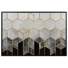 Leinwandbild Goldene Sechsecke Schwarz Wei&szlig;