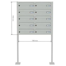 B-015 10er Freistehende Edelstahl V2A Briefkastenanlage mit Fussplatte