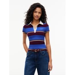 Tommy Jeans Damen Poloshirt "TJW SLIM SCRIPT RIB SS POLO"noble blau, stripe, Gr. XL, gestreift, Single Jersey, Obermaterial: 95% Baumwolle, 5%