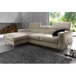 COTTA Ecksofa "Sammy L-Form", B/H/T: 226cm x 92cm x 105cm, Leder PAMPAS, Recamiere links,mit Bettfunktion,mit Kopfteilverstellung, grau, Microfaser
