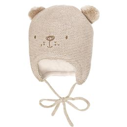 MaxiMo Baby Strickm&uuml;tze, beige, Gr. 43, Materialmix, M&uuml;tzen, mit Tiergesicht, zwei Pompons und Bindeband