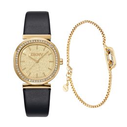 DKNY Damen Quarzuhr "Evening Watch Set"schwarz, goldfarben, Armbanduhren, Armbanduhr, Damenuhr, Lederarmband, Ideal auch als Geschenk, analog