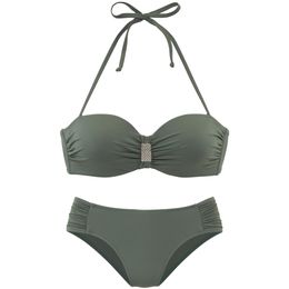 Lascana Damen B&uuml;gel-Bandeau-Bikini, gr&uuml;n, Gr. 42, unifarben, Polyamid, Bikini-Sets, mit elegantem Perlen-Accessoire
