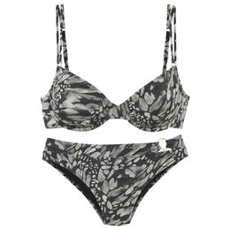 JETTE Damen B&uuml;gel-Bikiniantrazit bedruckt, Gr. 38, bedruckt, Recycling-Polyamid, Bikini-Sets, mit strukturiertem Zierring an der Hose