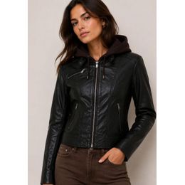 Tamaris Damen Lederjacke, schwarz, Gr. 44, unifarben, Obermaterial: 100% Lammnappaleder. Futter: 100% Baumwolle. Kapuze: 65% Baumwolle, 35%