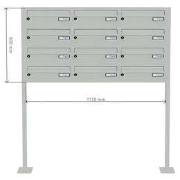 B-015 12er Freistehende Edelstahl V2A Briefkastenanlage mit Fussplatte