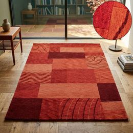 Theko Wollteppich &raquo;Domas 4028, handgekn&uuml;pft&laquo; rechteckig 12 mm H&ouml;he Kurzflor, reine Wolle, modernes Patchwork Design, Wohnzimmer rot Schurwolle B : 