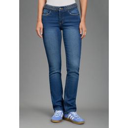 Arizona Damen Gerade Jeans &raquo;mit Jeansg&uuml;rteloptik&laquo; Straight-Fit, gerader Beinverlauf, normale Leibh&ouml;he blau 42, N-Gr