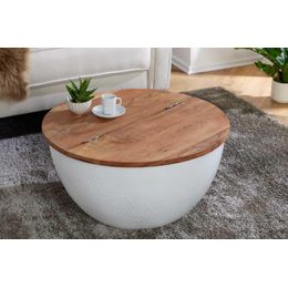 Riess Ambiente Runder Couchtisch ORIENT STORAGE 60cm wei&szlig; Akazienholz mit Stauraum Hammerschlag handmade Riess-Ambiente Sofatisch Wohnzimmertisch S&auml;ulentisch...