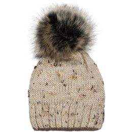 styleBREAKER M&uuml;tze 'Bunt gemusterte Bommelm&uuml;tze mit Glitzerfaden' Damen Gr&ouml;&szlig;e 56/61 beige