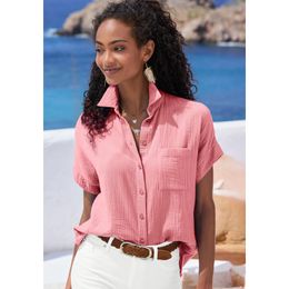 Beachtime By Lascana Damen Beachtime by Lascana Kurzarmbluse &raquo;aus weicher Musselinware&laquo; Sommerliche Musselinbluse, Hemdbluse, leichte Sommerbluse, 