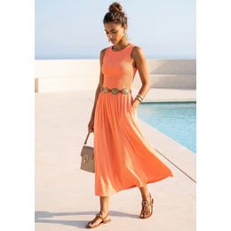 Lascana Damen Lascana Midikleid &raquo;mit gesmoktem Oberteil&laquo; Seitennahttaschen Leichtes Sommerkleid, Strandkleid, Viskosekleid orange 46, N-Gr