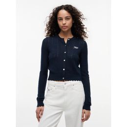 Tommy Jeans Damen Strickjacke &raquo;TJW POINTELLE CARDIGAN&laquo; Viskosemischung, Pointelle Strick, gewellter Saum, Logo Stickerei blau XS (34)