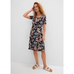 bonprix Damen Jerseykleidschwarz floral bedruckt, Gr. 48, Jersey, Obermaterial: 95% Viskose, 5% Elasthan, Kleider, f&uuml;r warme Tage, aus Viskose mit