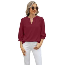 Kojooin Bluse 'Damen Chiffonbluse Mit V-Ausschnitt, Keyhole-Detail Und 3/4-&Auml;rmeln' Damen Gr&ouml;&szlig;e M burgunder