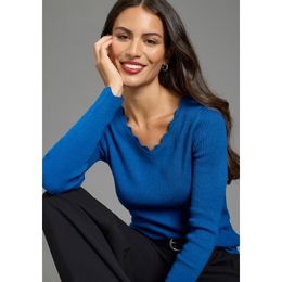 Laura Scott Damen V-Ausschnitt-Pullover mit femininer Wellenkante blau 46