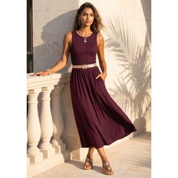 Lascana Damen Lascana Midikleid &raquo;mit gesmoktem Oberteil&laquo; Seitennahttaschen Leichtes Sommerkleid, Strandkleid, Viskosekleid rot 36, N-Gr