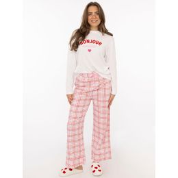 Zwillingsherz Damen Pyjama &raquo;Bonjour Amour&laquo; 2 Longsleeve mit Schriftzug und langer, karierter Hose rosa L/XL