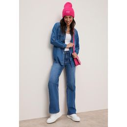 Tamaris Damen Weite Jeans &raquo;mit modischer Silhouette und hohem Tragekomfort&laquo; hohe Leibh&ouml;he, langer Schnitt, mit Knopf-Applikationen blau 46, N-Gr