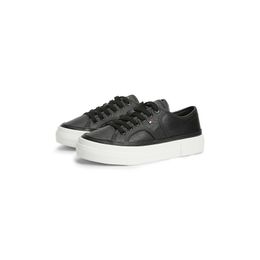 Tommy Hilfiger Damen Plateausneaker &raquo;PLATFORM VULC SNEAKER PIPING LTR&laquo; Freizeitschuh, Halbschuh, Schn&uuml;rschuh mit seitlichem Flaggen-Element schwarz 37