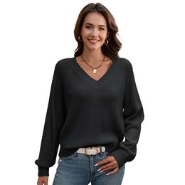 KoJooin Sweater 'Damen-Pullover mit Ajourmuster, V-Ausschnitt und langen &Auml;rmeln' female size L Black
