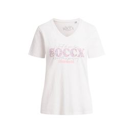 SOCCX T-Shirt mit V-Ausschnitt und Artwork Damen Gr&ouml;&szlig;e XL wollwei&szlig;