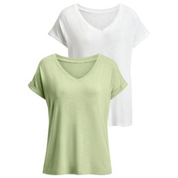 BEACHTIME BY LASCANA V-Shirt 'mit fixiertem &Auml;rmelumschlag' gr&uuml;n Gr. 44/46 f&uuml;r Damen. Mit V-Ausschnitt. Bequem. Nachhaltig.