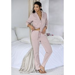 VIVANCE DREAMS BY LASCANA Pyjama mehrfarbig Gr. 44/46 f&uuml;r Damen. V-Ausschnitt und Stickerei. Basic. Nachhaltig.