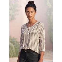 Vivance 3/4-Arm-Shirt 'mit Zierknopf am Ausschnitt' wei&szlig; Gr. 44/46 f&uuml;r Damen. Rundhals und Zierkn&ouml;pfe, Allover-Druck. Figurumspielend. Nachhaltig.